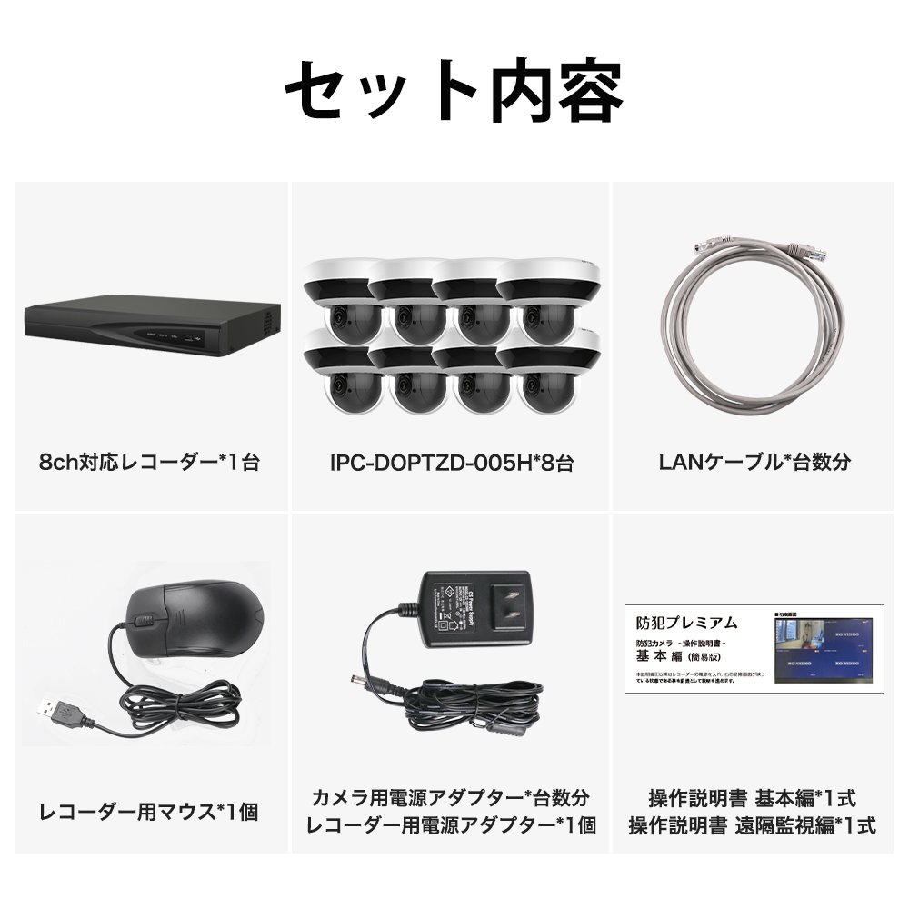 【新登場】IPC005-2 コスパ最高！200万画素屋内用ドーム型PoE防犯カメラ 8台セット